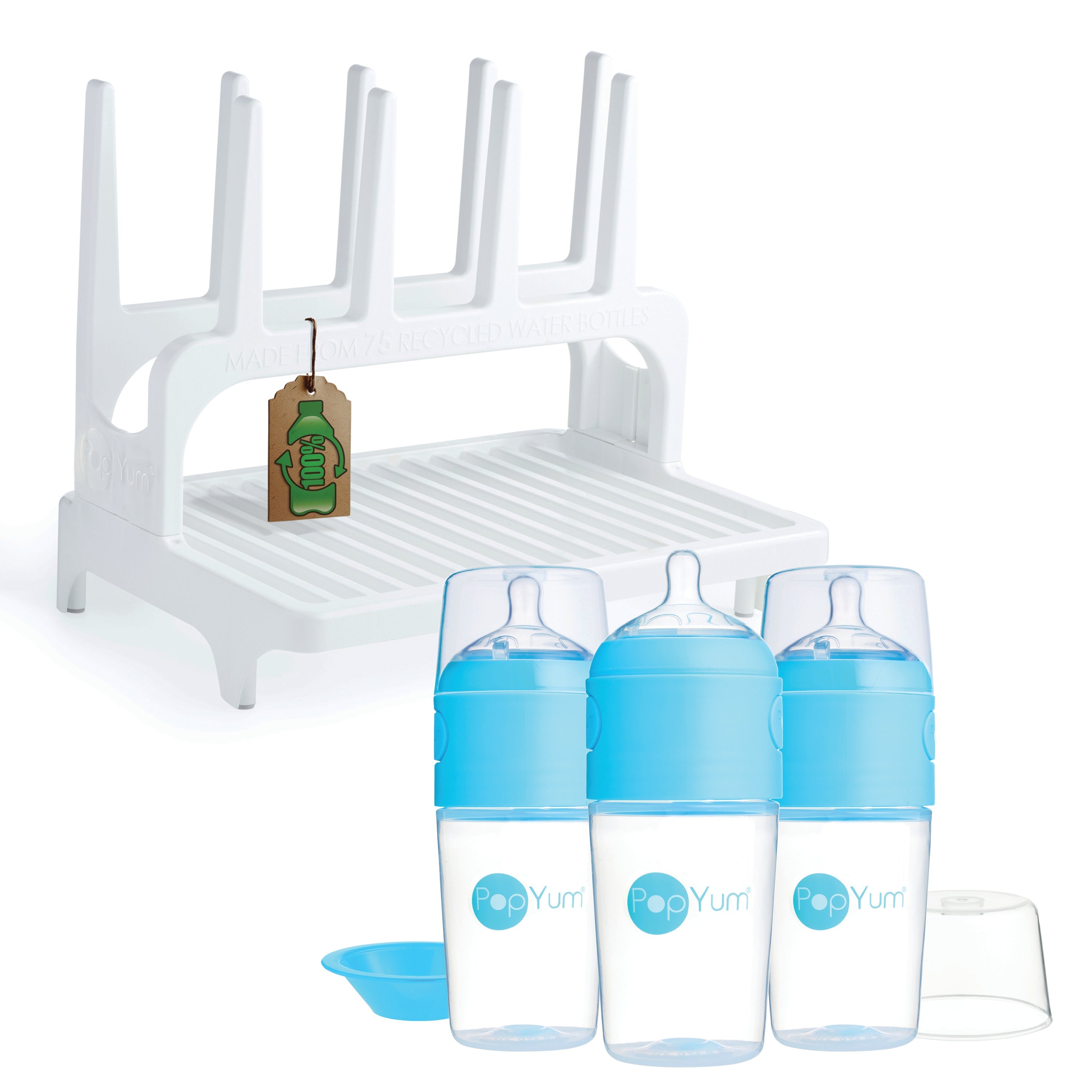 PopYum 9 oz Blue Formula Making Baby Bottle 3-Pack with White Drying R ...