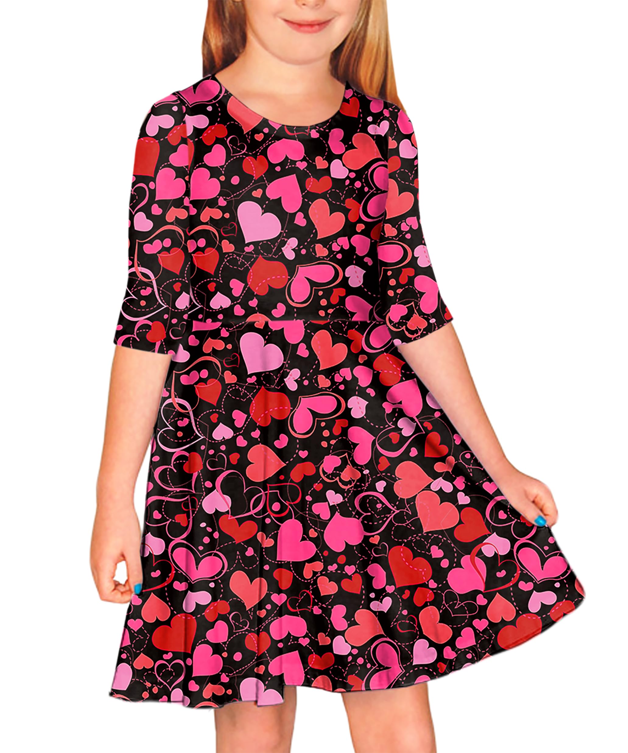Girls Valentine'S Heart Outfit Red Pink Love Print Dress Crewneck Fash ...