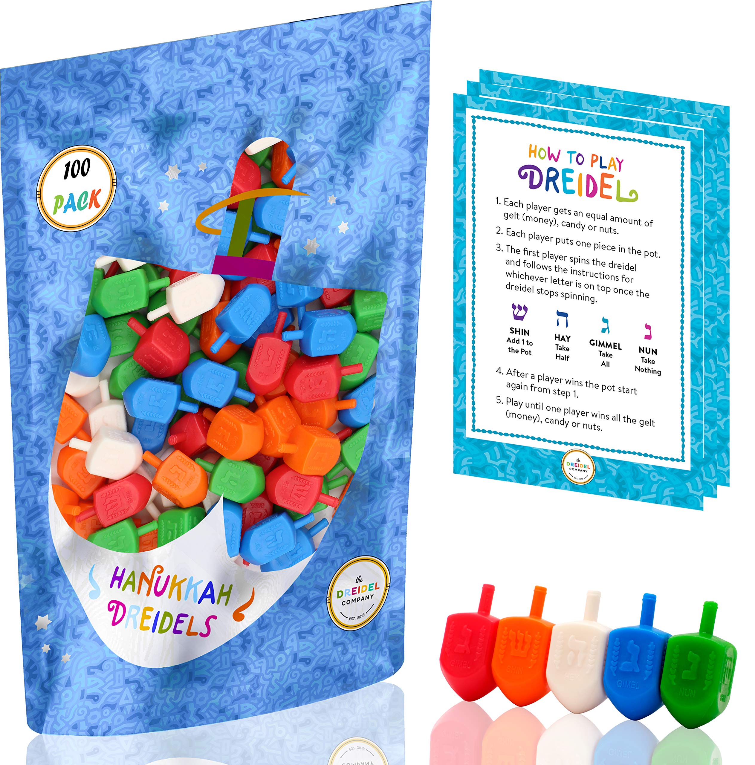 The Dreidel Company Hanukkah Dreidels 100 Bulk Pack Multi-Color Plastic ...