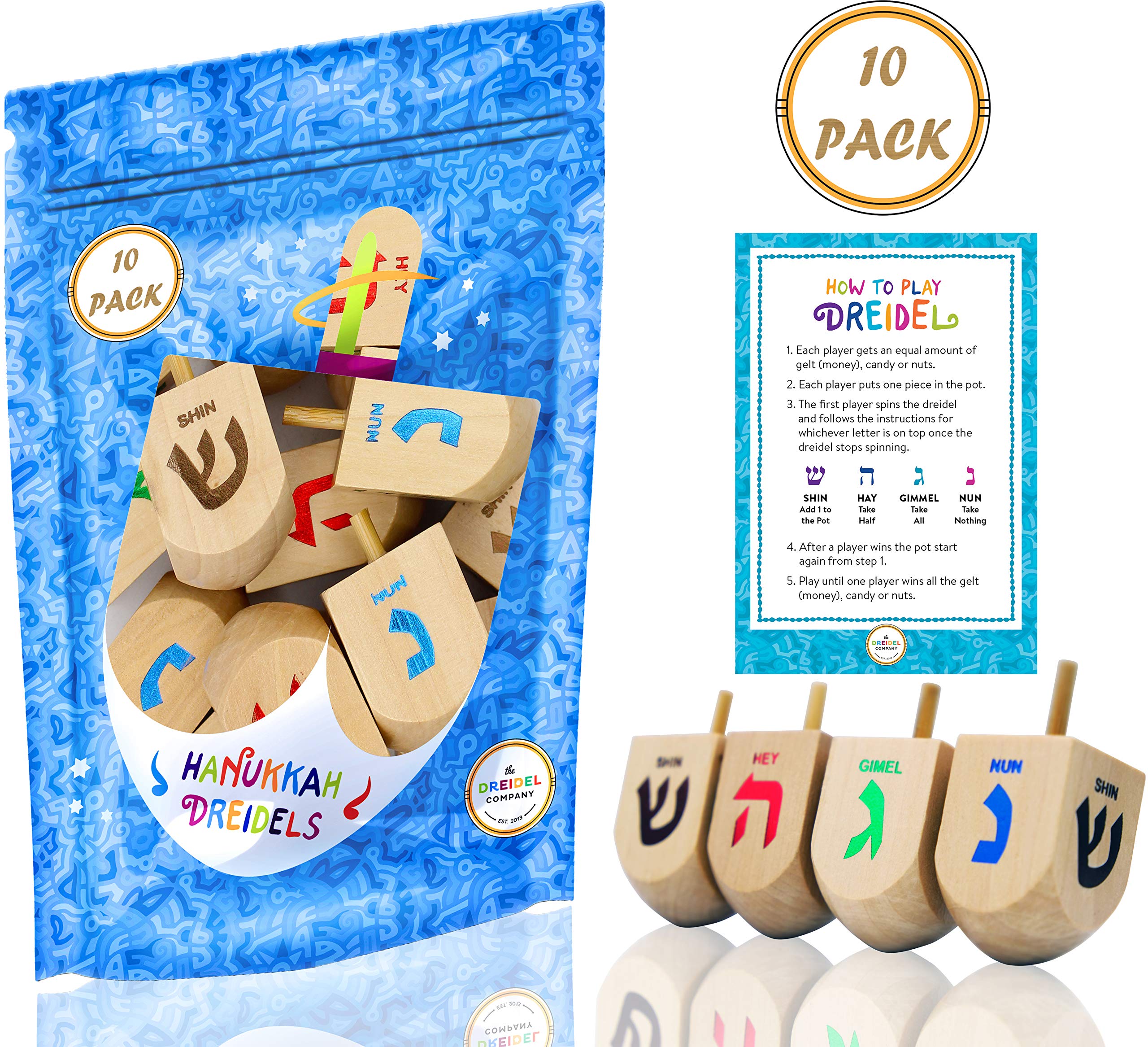The Dreidel Company Hanukkah 10 Extra Large Hand Painted Wooden ...